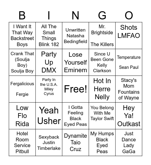 2000's HITS Bingo Card