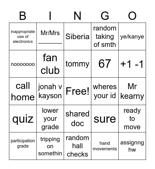 Fredette frenzy Bingo Card