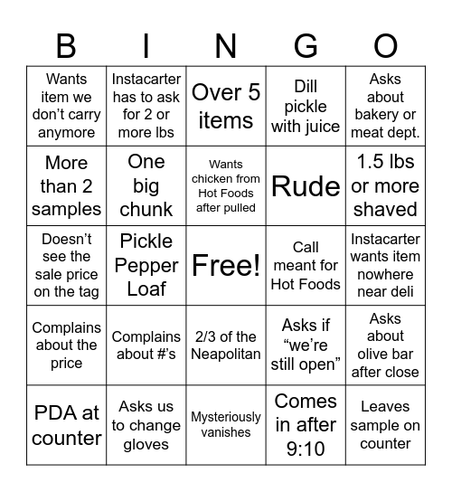 Deli Customer Bingo Card