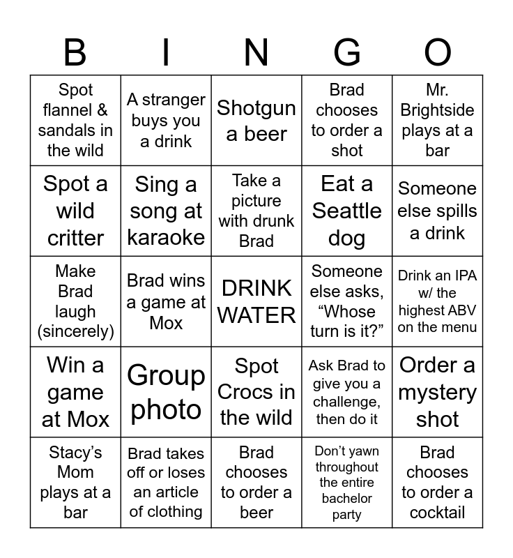 Bradchelor Party Bingo Card