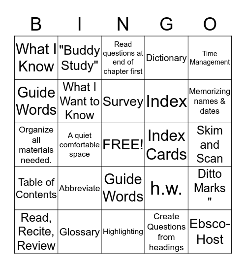 Study Skills Bingo Card