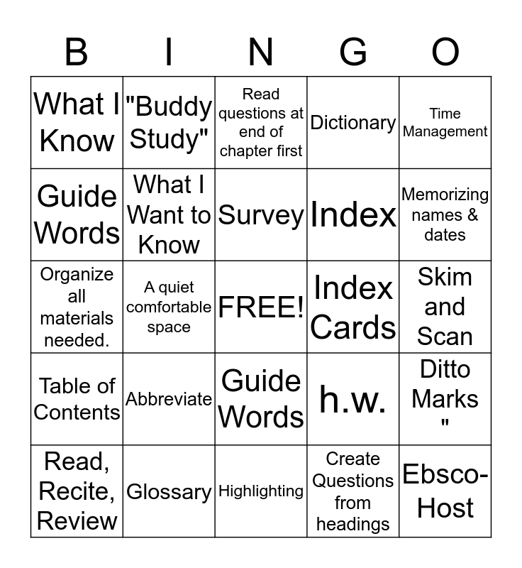 Study Skills Bingo Card