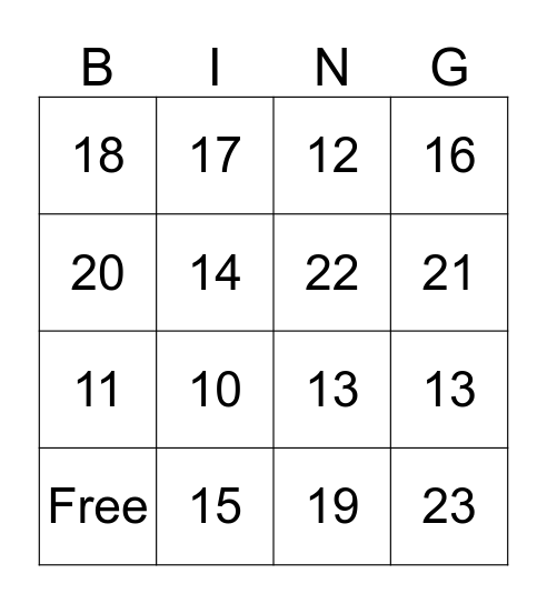 Teen Numbers Bingo Card