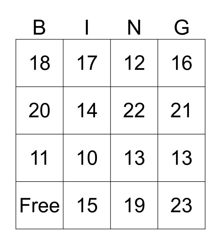 Teen Numbers Bingo Card