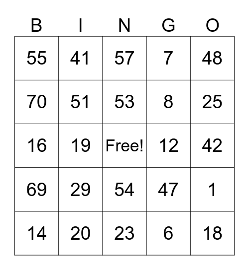 Number Bingo 1-75 Bingo Card