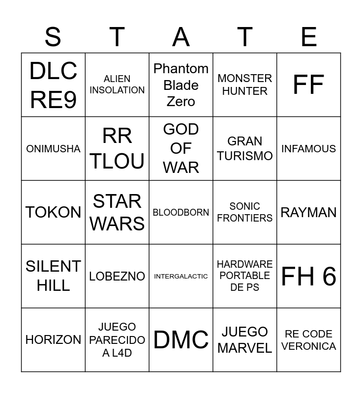 BINGO STATE OF PLAY Bingo Card