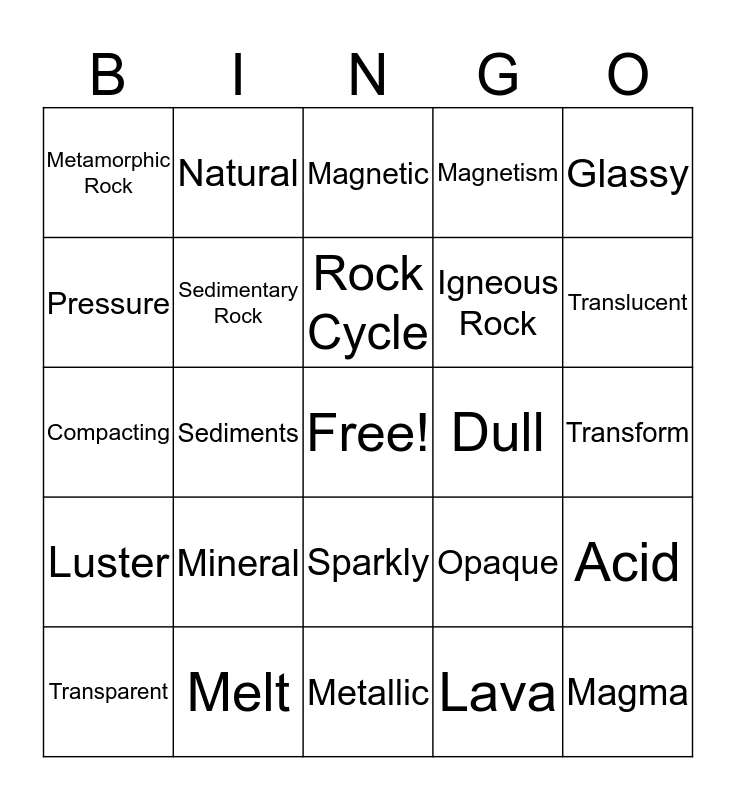 Rocks and Minerals Bingo Card