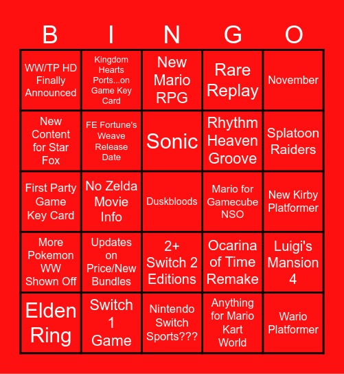 Nintendo Direct Bingo 6/9/2026 Bingo Card