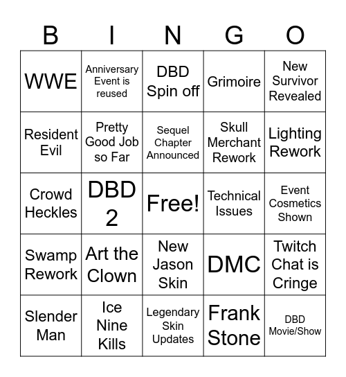 DBD anniversary stream bingo Card