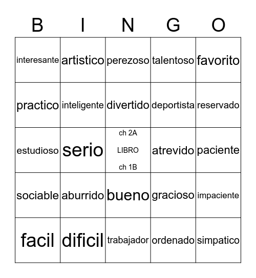REALIDADES 1 ADJECTIVES Bingo Card