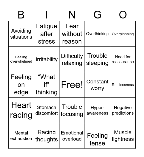 Anxiety Bingo Card
