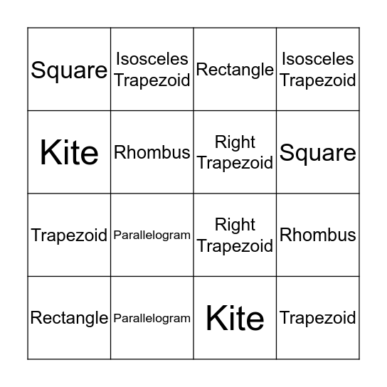 Quadrilateral Bingo Card