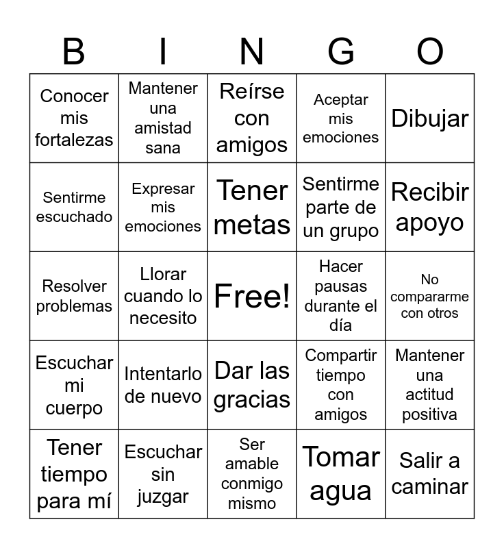Salud Mental Bingo Card
