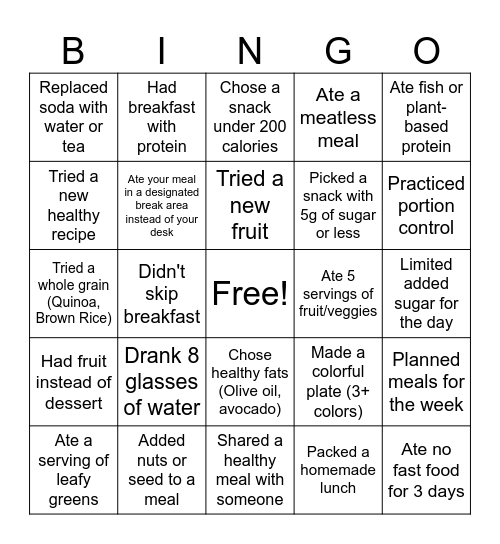 Health & Wellness Bingo Card