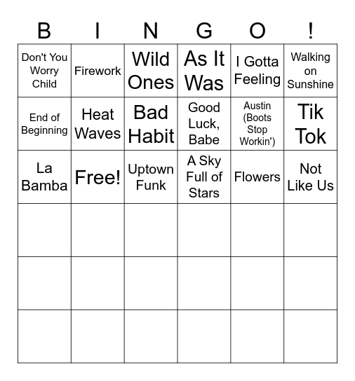 Summer Hits Bingo Card