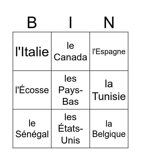 Les pays Bingo Card