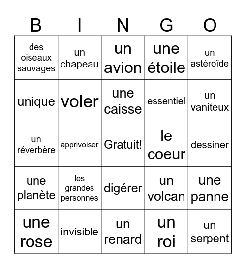 Le Petit Prince Bingo Card