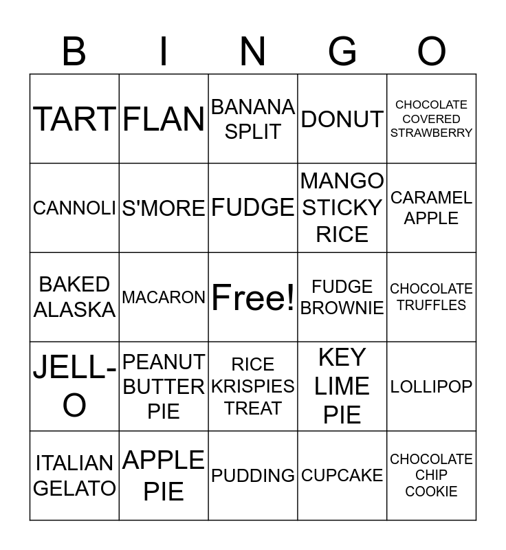 Sweet Treats Bingo Card