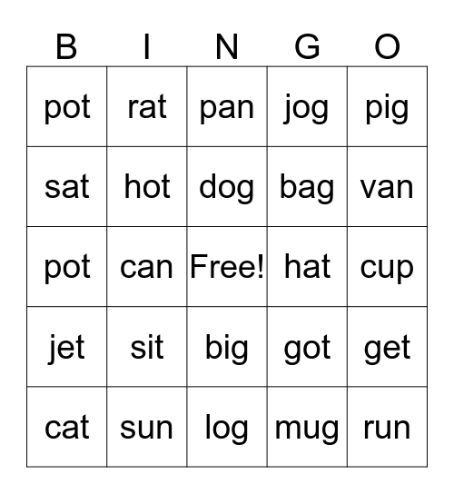 CVC Words - Kindergarten Bingo Card