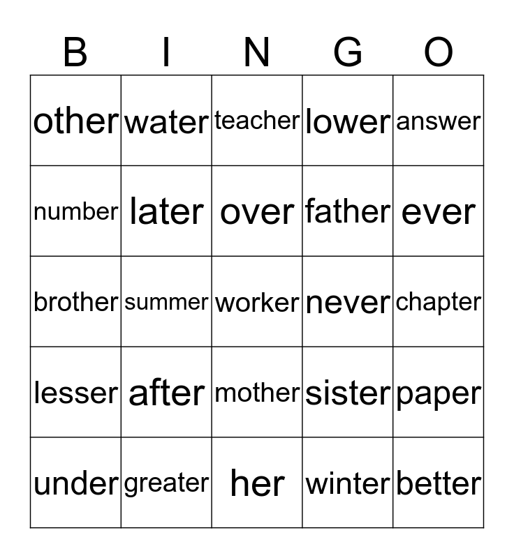 -er ending Bingo Card