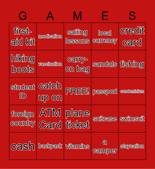 Vacation Bingo Card