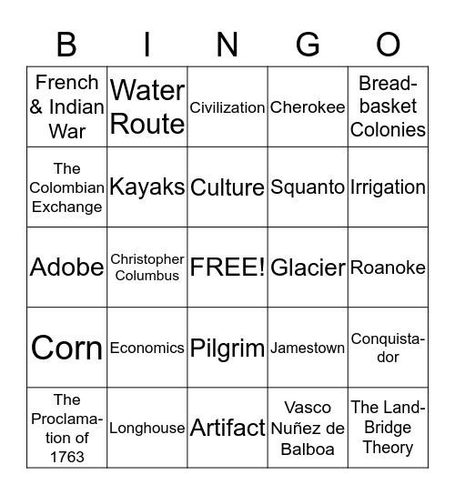 Native Americans, Exploration, Colonization Bingo Card