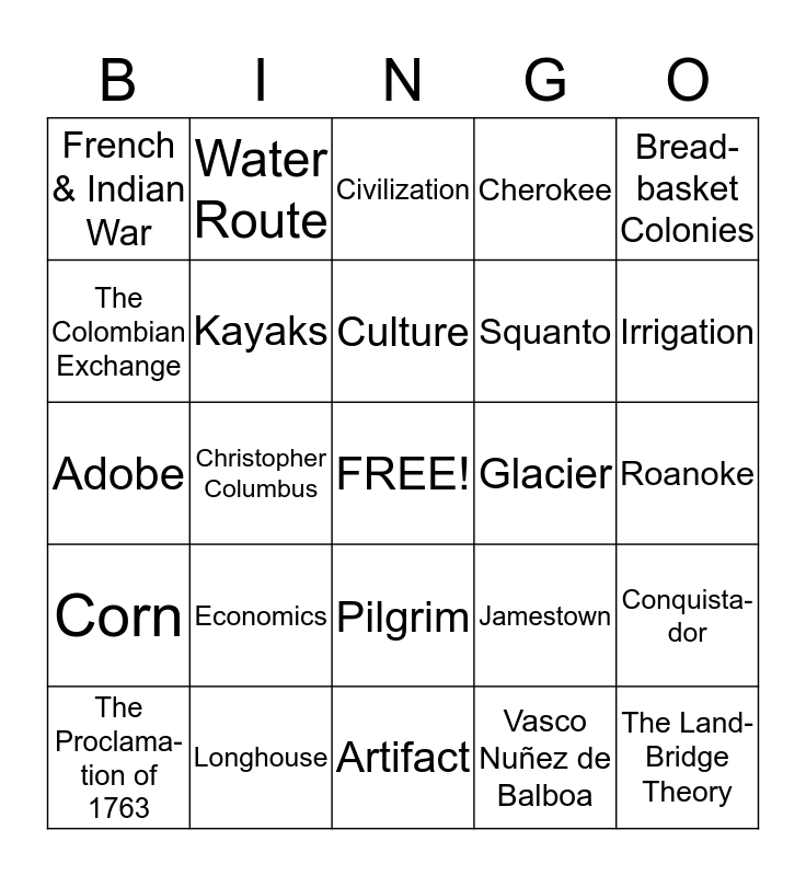 Native Americans, Exploration, Colonization Bingo Card