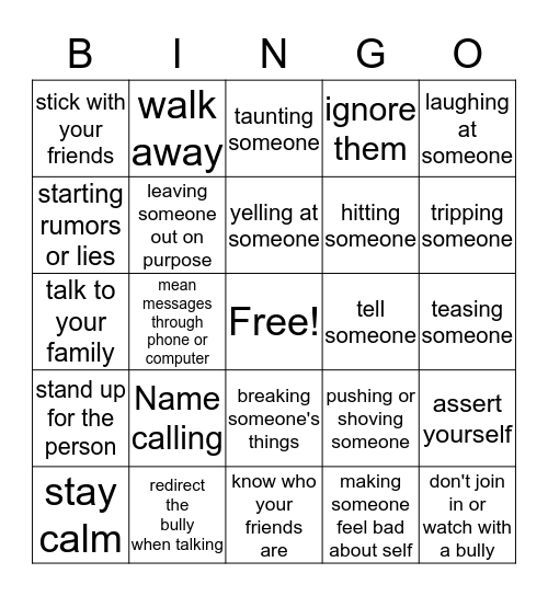 What is bullying and how to stand up to a bully Bingo Card