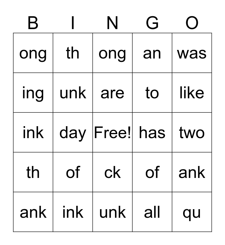 Digraphs and Glued Sounds Bingo Card