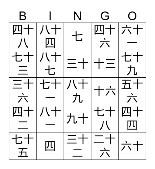 Japanese Numbers Bingo 1 - 90 Bingo Card
