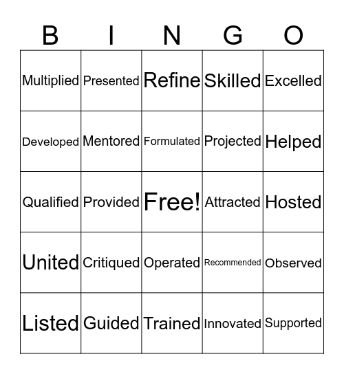 Resume Word Bingo Card
