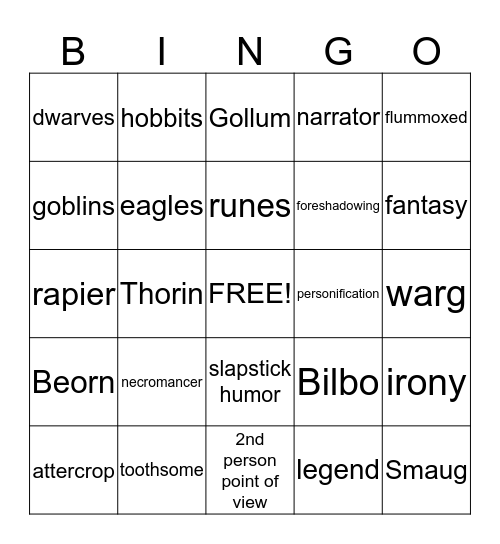 The Hobbit Bingo Card