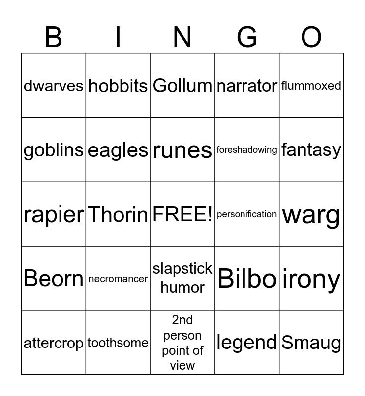 The Hobbit Bingo Card