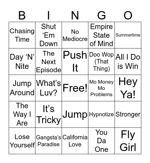 Hip-Hop Music Bingo Card