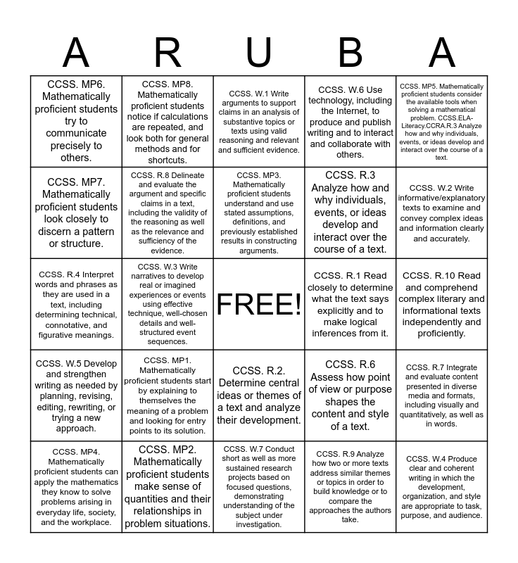 Common Core BINGO Card