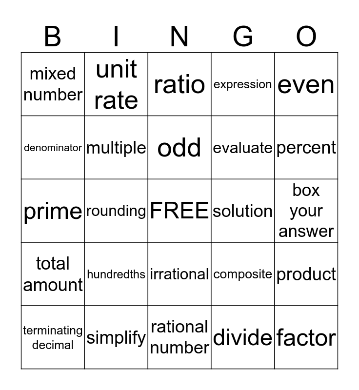 Decimals, Fraction, Percents Bingo Card