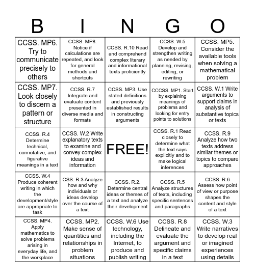 Common Core BINGO Card