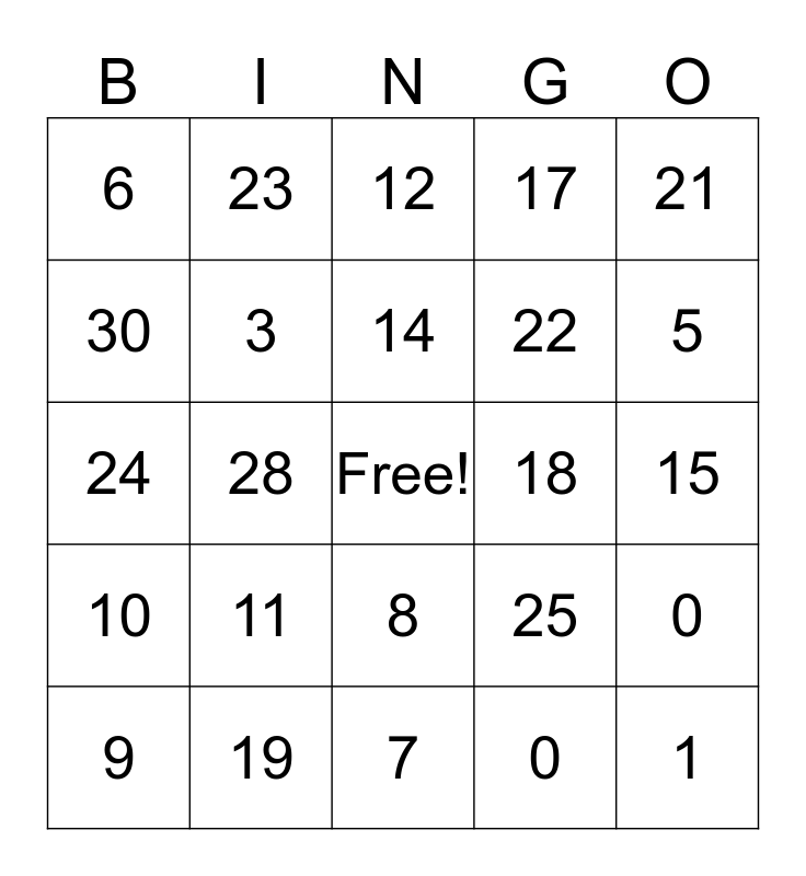 Numbers 0-30 Bingo Card