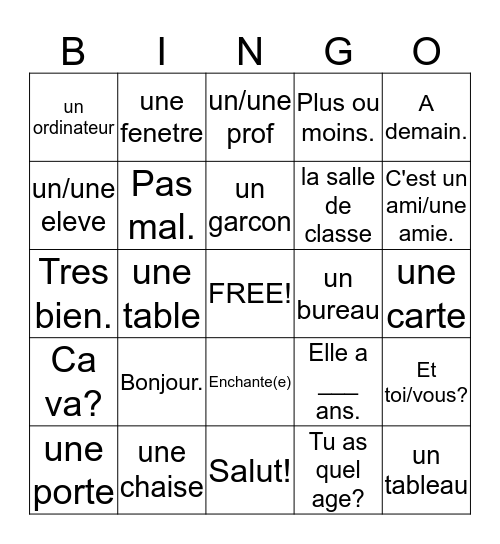 FRANCAIS, CHAPITRE 1 Bingo Card