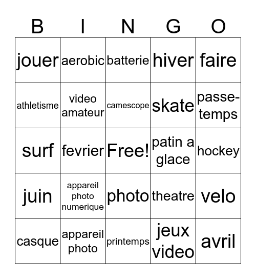 Francais 1, Chapitre 5, Vocabulaire 1 Bingo Card