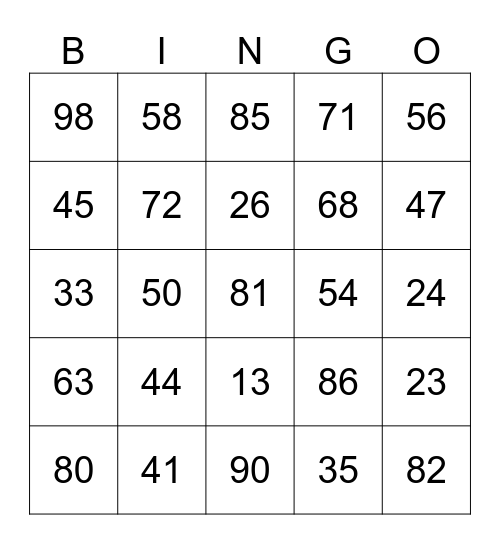 Numbers Bingo Card