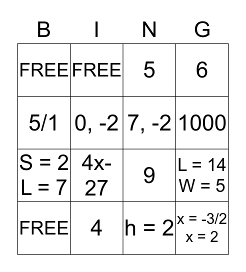 Bingo - Unit 9 Systems of Equations Bingo Card