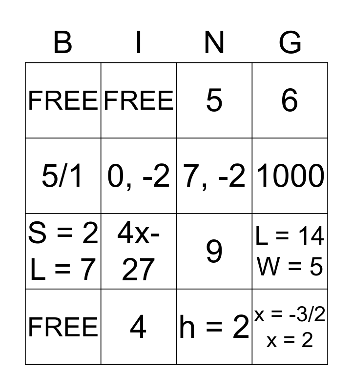 Bingo - Unit 9 Systems of Equations Bingo Card