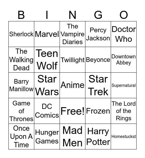Fandom Bingo Card