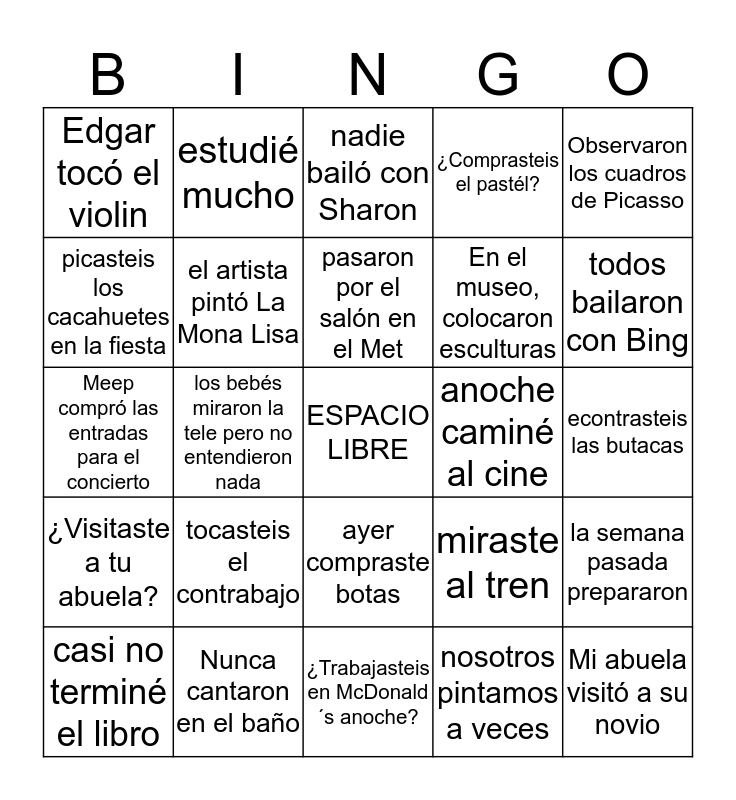 Unidad 8 las diversiones del pasado Bingo Card