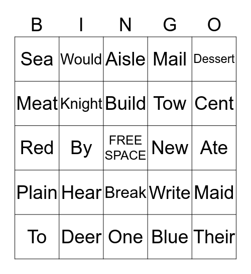 HOMOPHONE BINGO Card