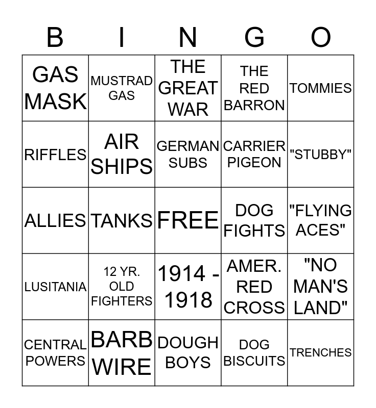 WORLD WAR I Bingo Card