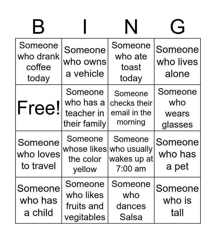 Classmate Bingo Card Classmate Bingo Card