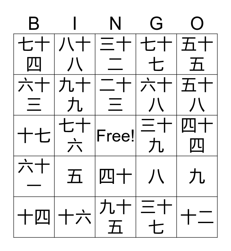 Number 1 Bingo Card