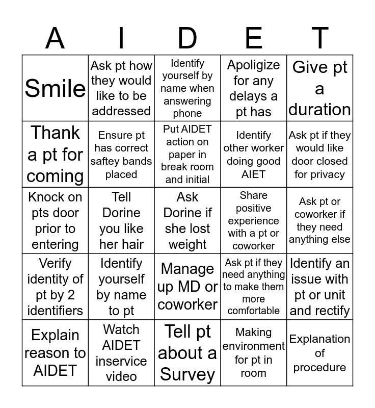 AIDET Bingo Card